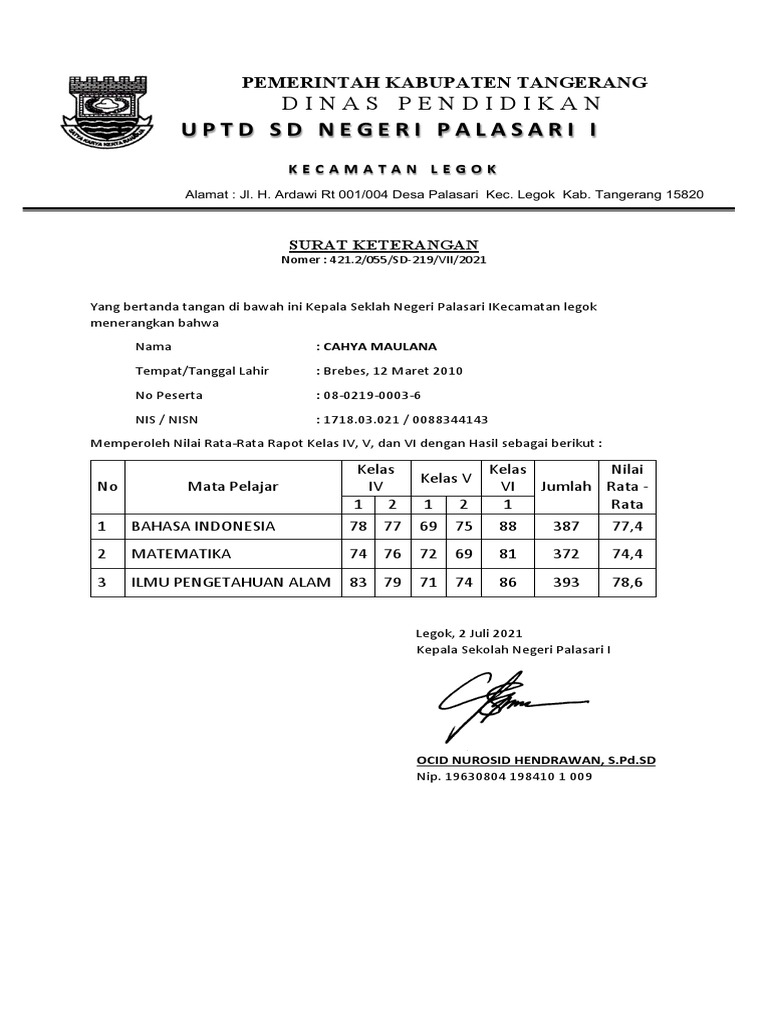 Surat Keterangan Rata - Rata Nilai Kelas 6 | PDF
