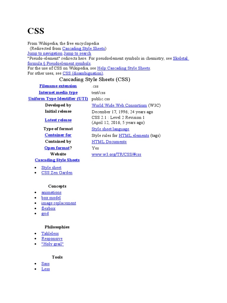 Cascading Style Sheets (CSS) : Filename Extension Internet Media Type Uniform Type Identifier ...