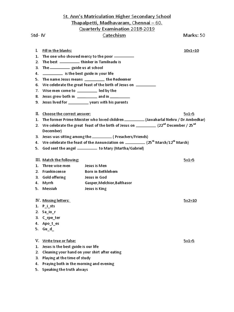 Catechism Exam Paper for Std IV | PDF | Biblical Magi | Jesus