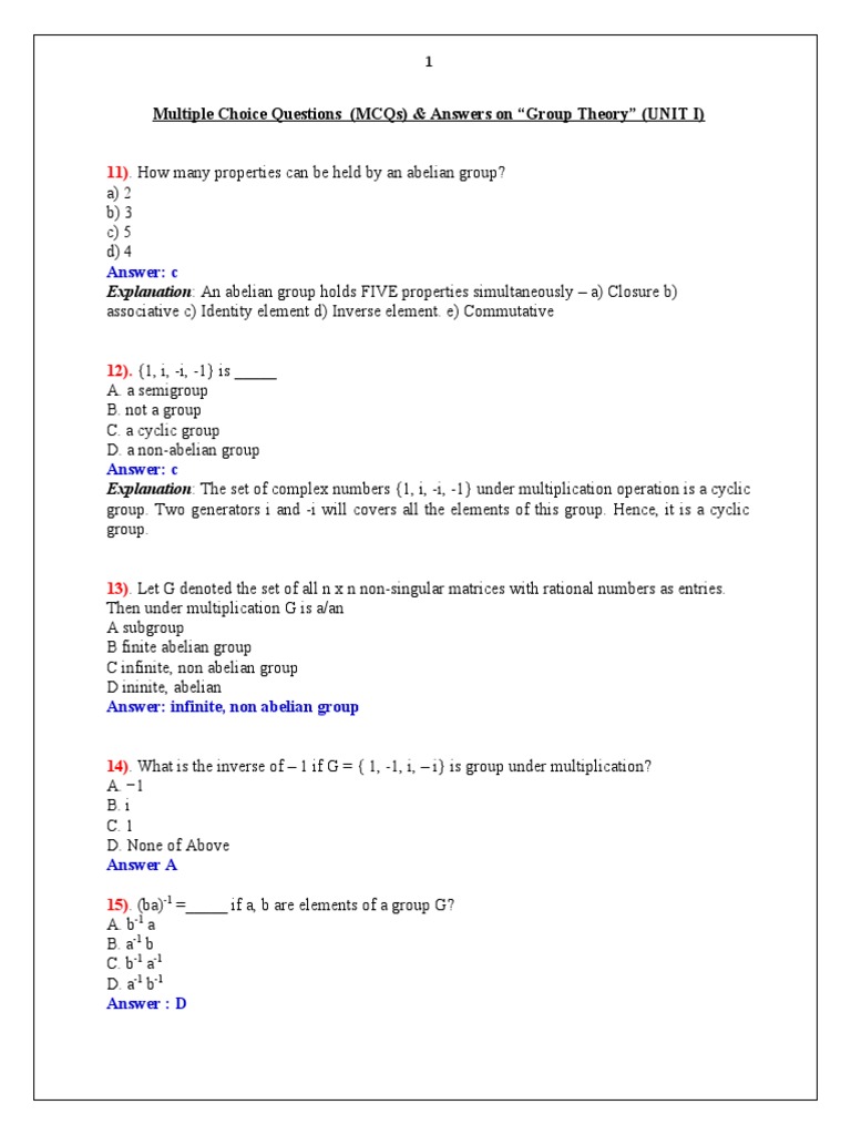 Multiple Choice Questions (MCQS) & Answers On "Group Theory" (Unit I) | PDF