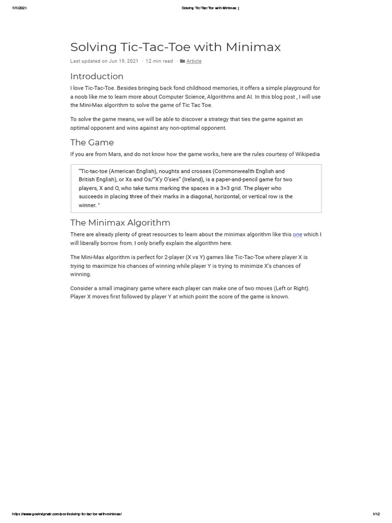 Solving Tic-Tac-Toe With Minimax | PDF | Computer Programming | Algorithms And Data Structures