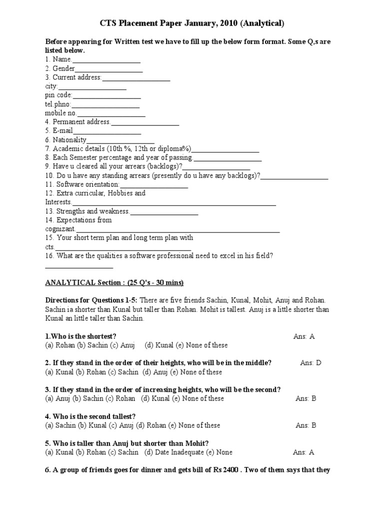 CTS Placement Paper January, 2010 (Analytical) | PDF | Teaching Methods ...