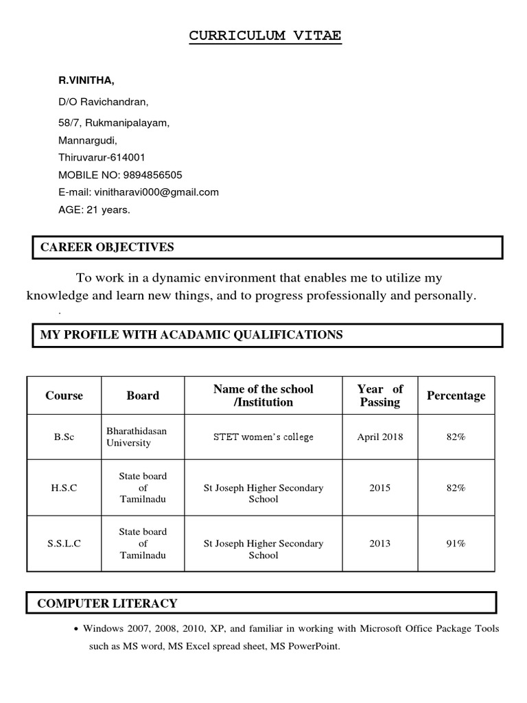 R. Vinitha's Curriculum Vitae | PDF