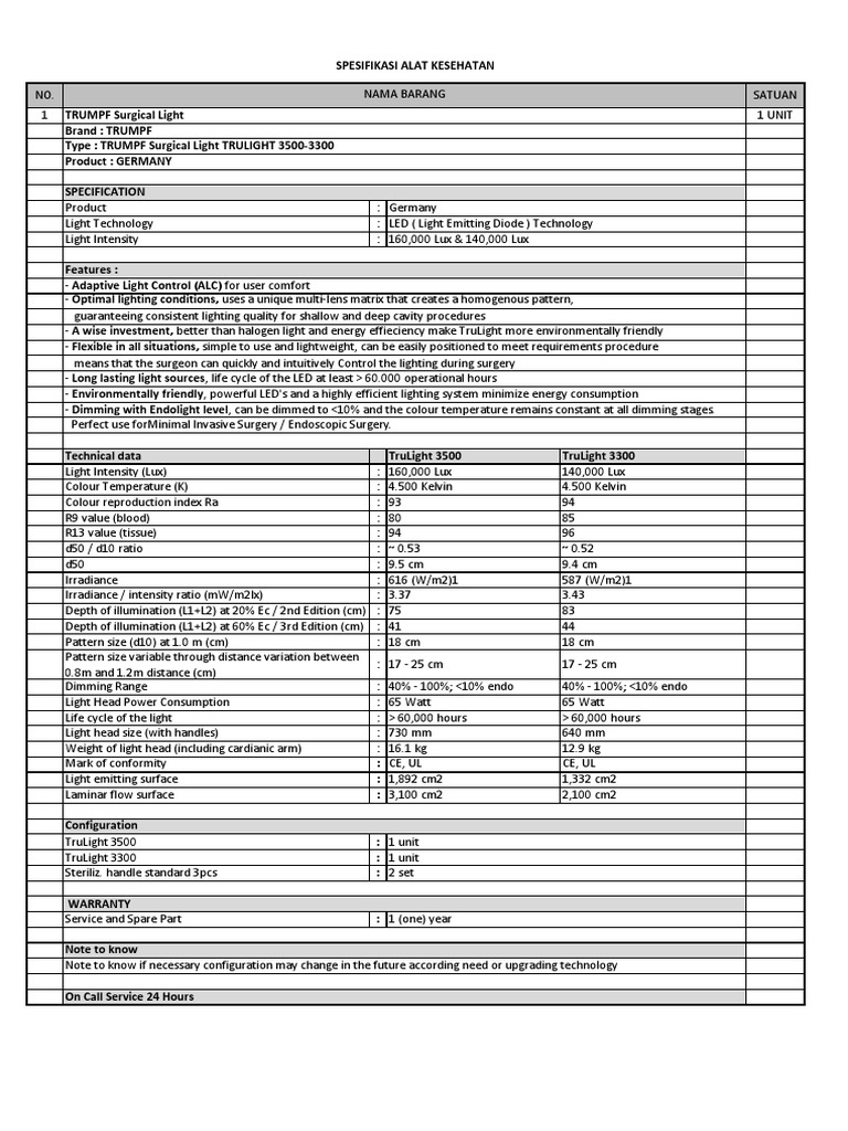 Spek Teknis - TRUMPF Surgical Light TruLight 3500-3300 (LKPP) | PDF ...