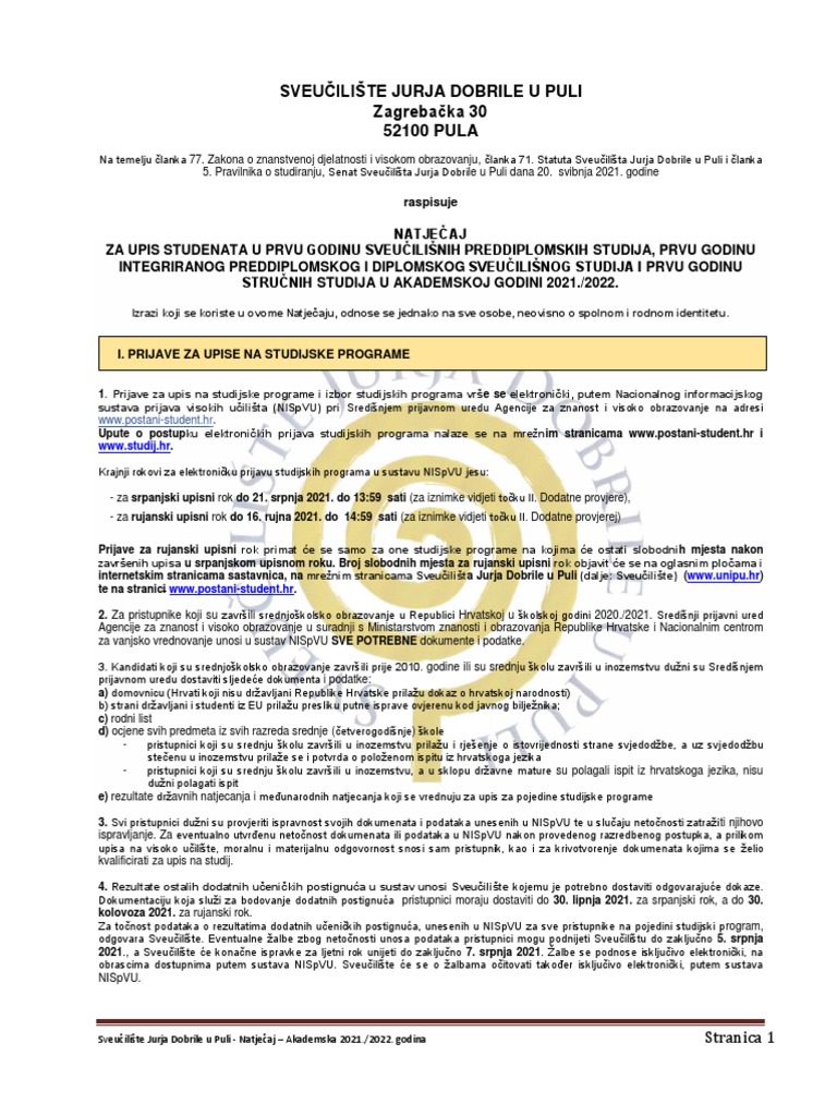 Natjecaj Za UPIS 2021-2022 Prediplomski I Diplomski | PDF
