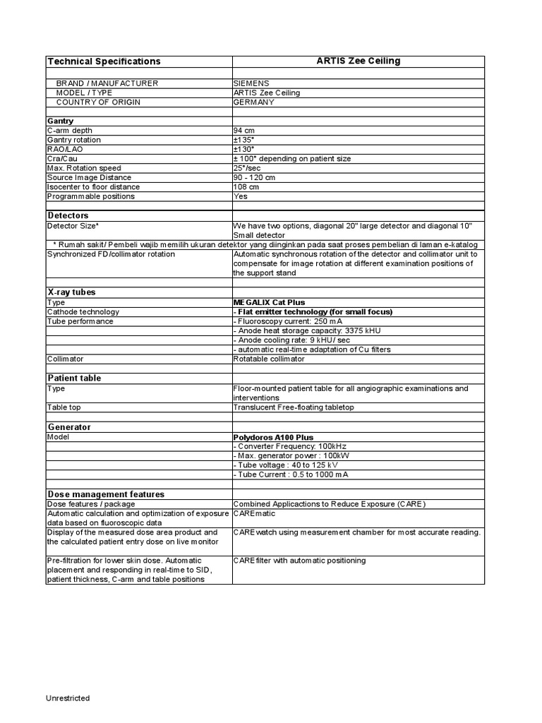 Technical Specifications of the SIEMENS ARTIS Zee Ceiling Angiography ...
