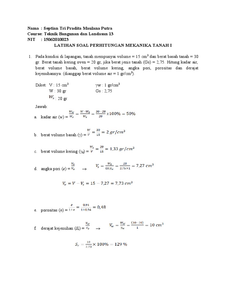 PERHITUNGAN PARAMETER TANAH Mekanika Tanah 1 | PDF