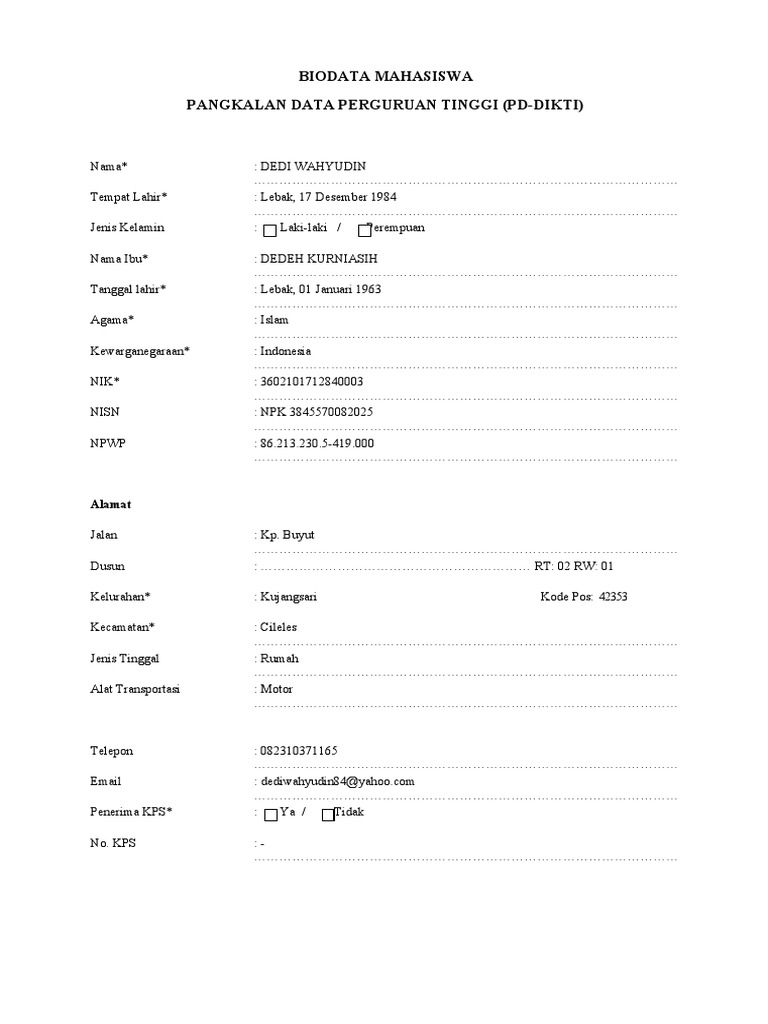 Format Biodata PD-DIKTI | PDF