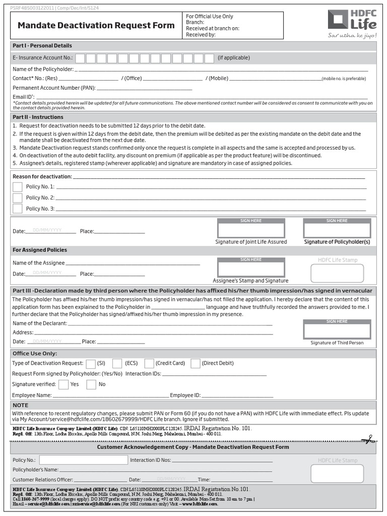 HDFCLife Mandate Deactivation Form | PDF | Insurance | Service Industries