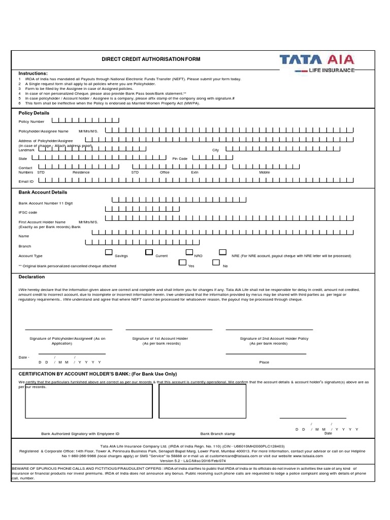 Direct Credit Authorisation Form: Instructions | PDF | Insurance | Cheque