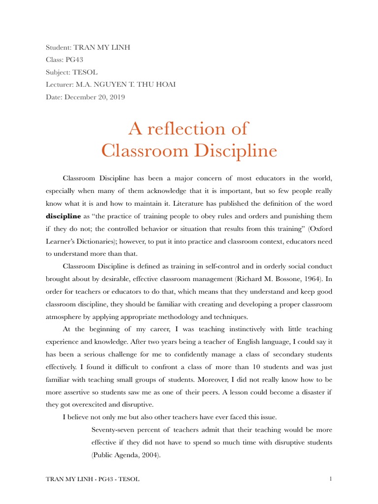 Reflection on Classroom Discipline | PDF | Classroom Management ...