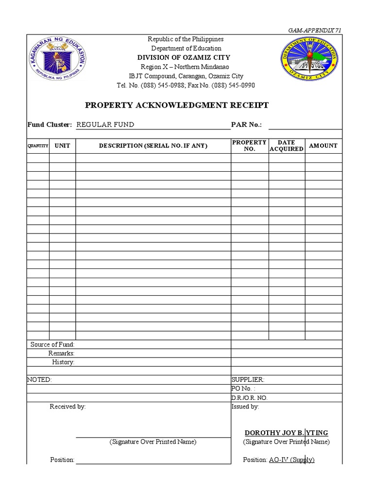 PROPERTY ACKNOWLEDGEMENT RECEIPT (ARE Before) | PDF | Business | Science