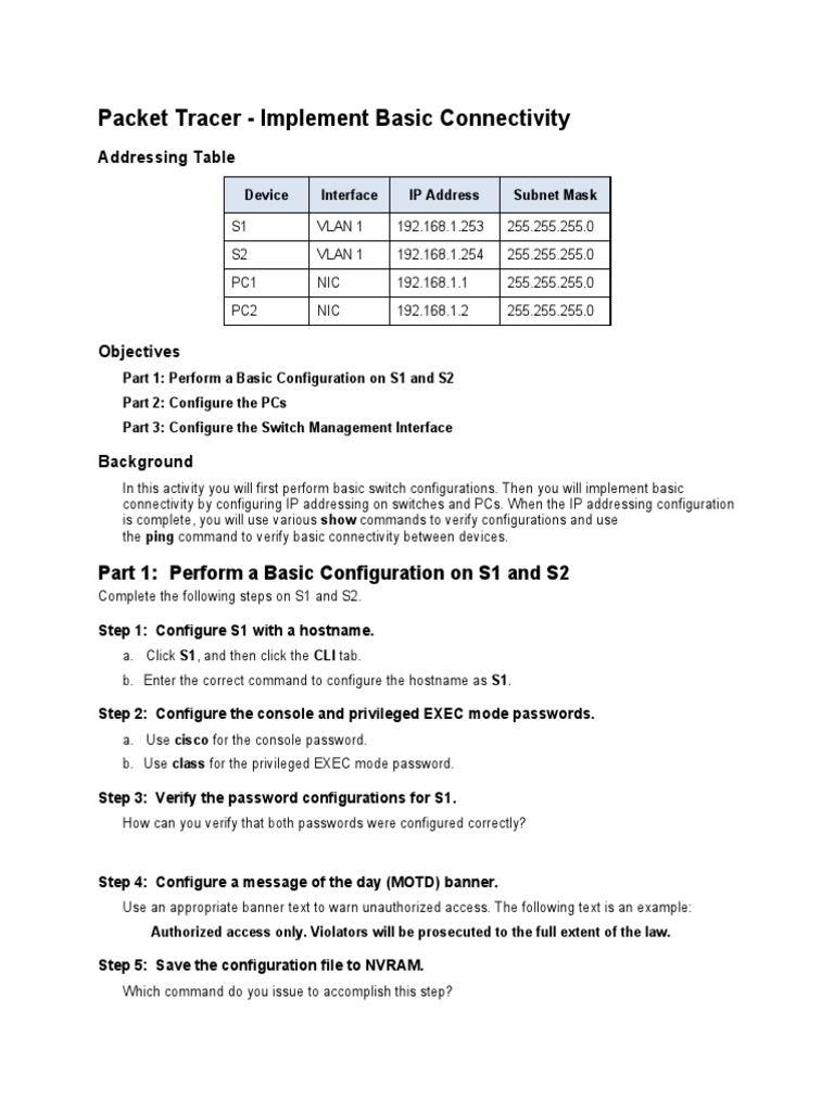 LAB 04 Packet Tracer - Implement Basic Connectivity | PDF | Ip Address | Command Line Interface