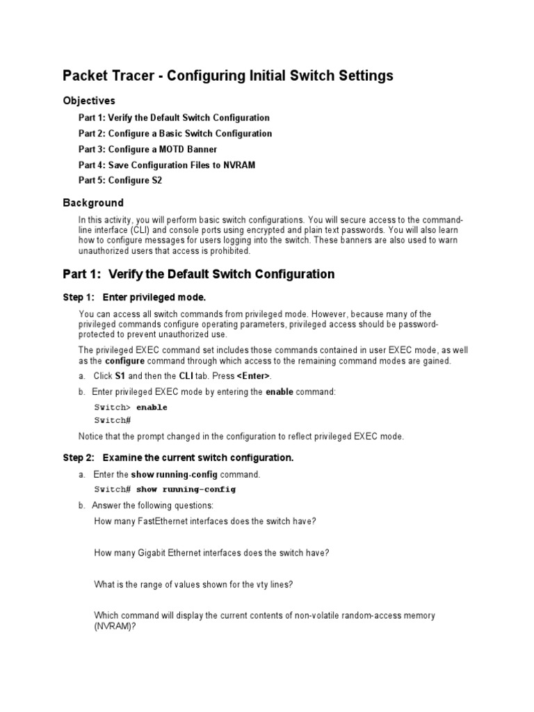 Lab 03 Packet Tracer Configuring Initial Switch Settings Pdf Command Line Interface Password