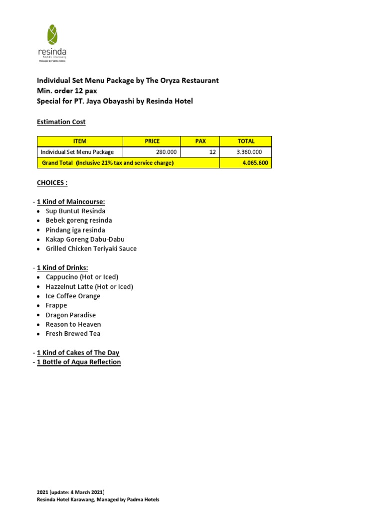 Individual Set Menu Lunch by The Oryza Restaurant Hotel Karawang | PDF