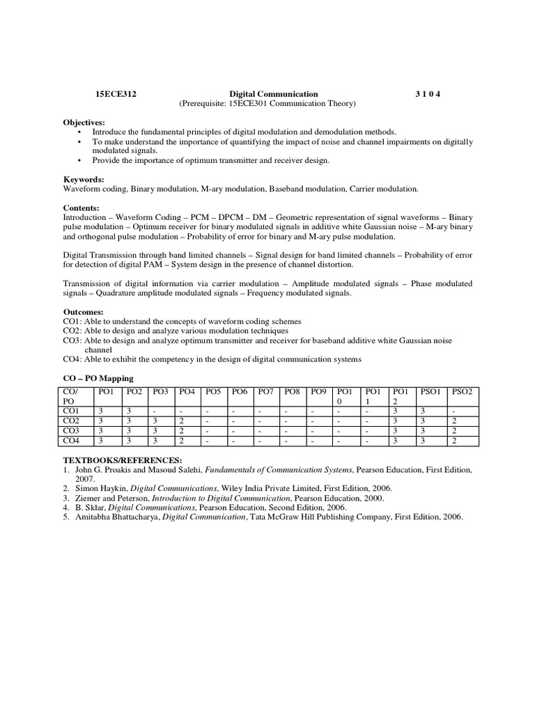 15ece312 Digital Communication 3 1 0 4 Pdf Modulation Data Transmission