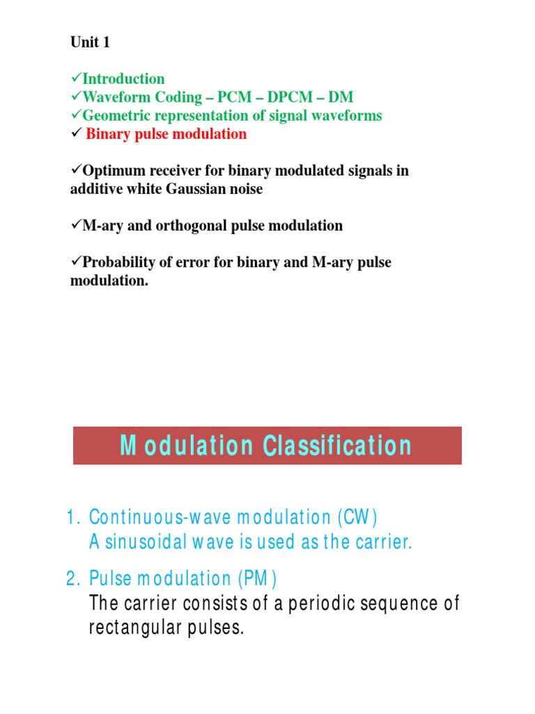 Unit 1: Introduction Waveform Coding - PCM - DPCM - DM Geometric Representation of Signal ...
