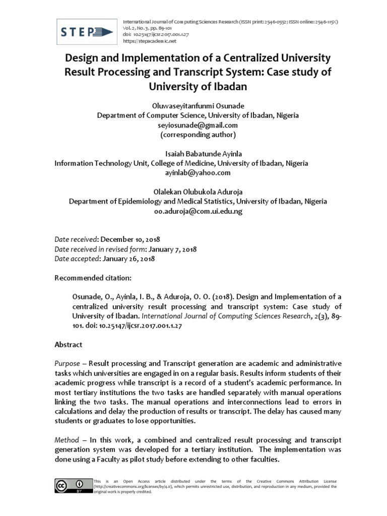 Design And Implementation Of A Centralized University Result Processing And Transcriptsystem