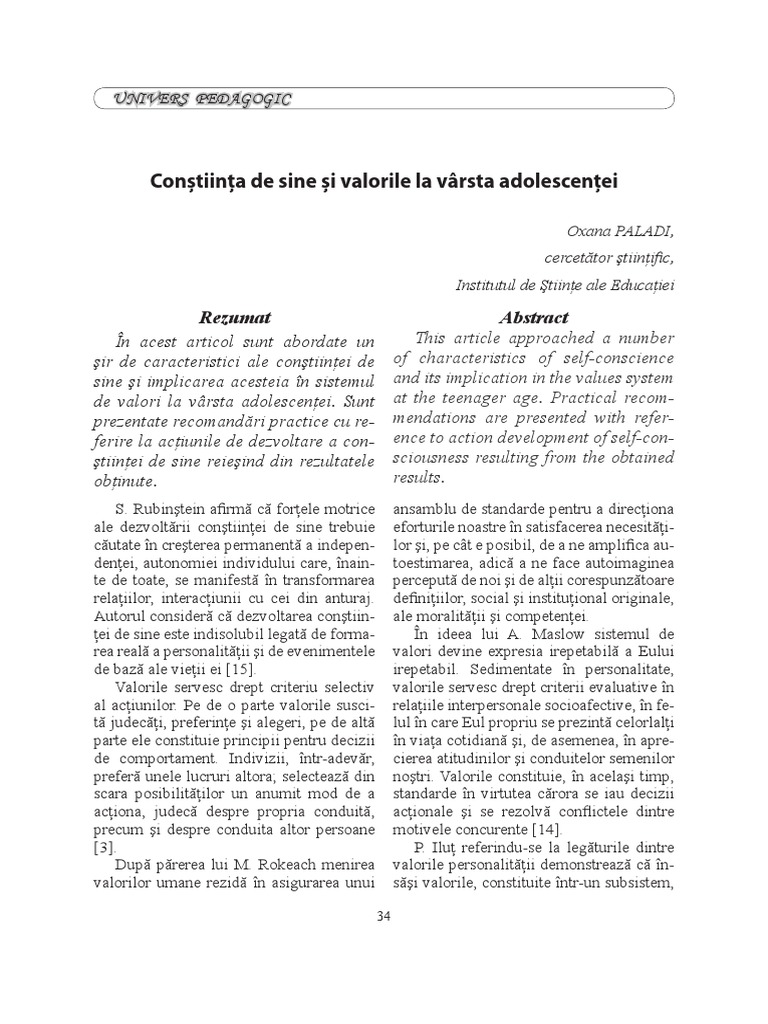 Constiinta de Sine Si Valorile La Virsta Adolescentei | PDF