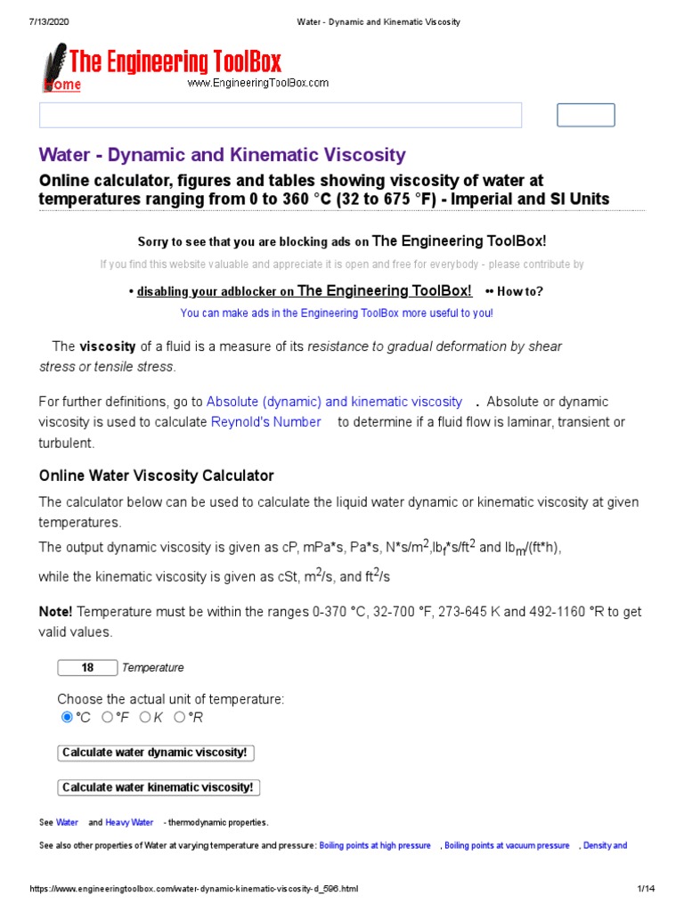Water - Dynamic and Kinematic Viscosity | PDF | Viscosity | Liquids