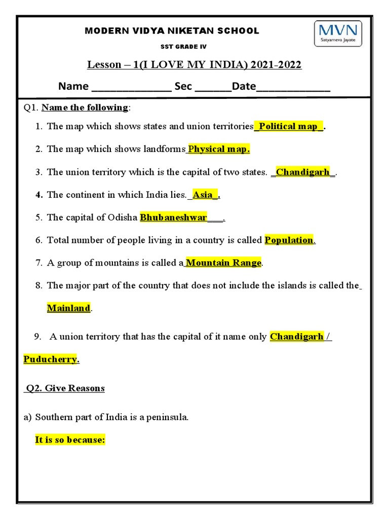 Grade 4 L-1 2021-2022 Solved Worksheet | PDF | Physical Geography ...