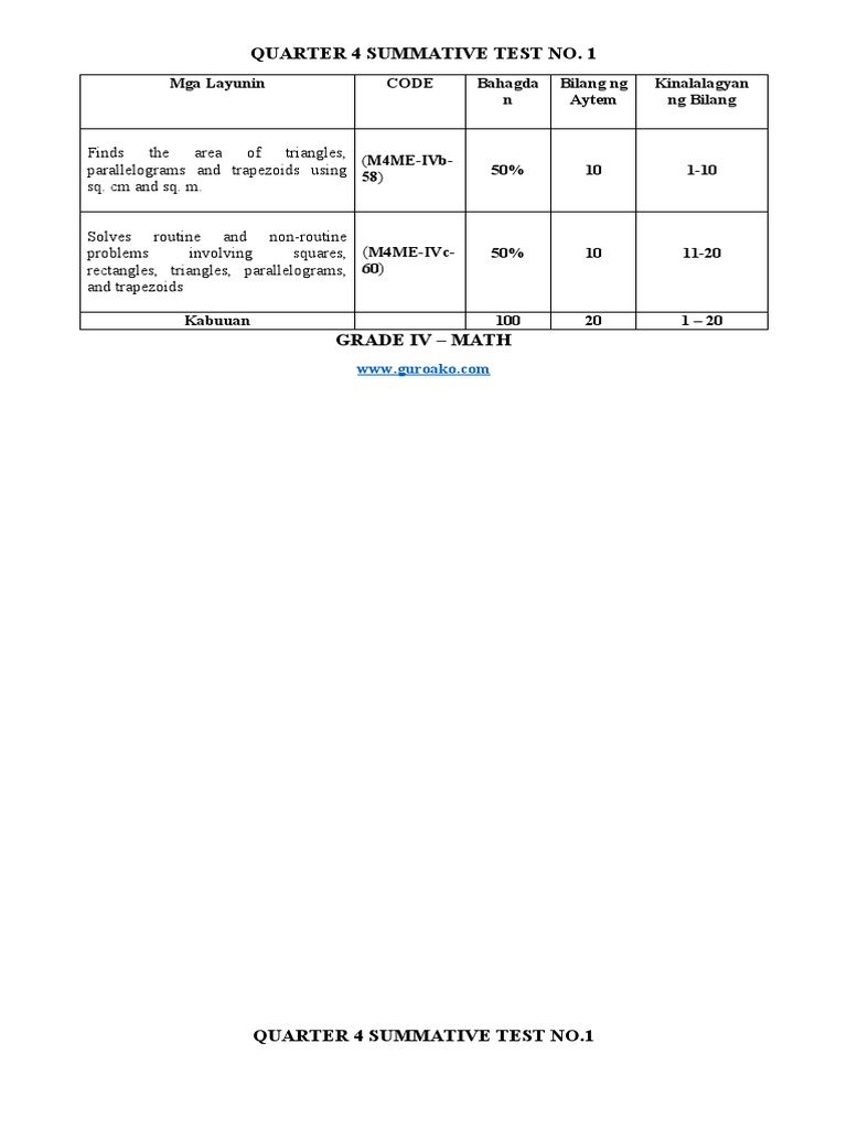 q4 ST 1 Gr.4 Math With Tos | PDF