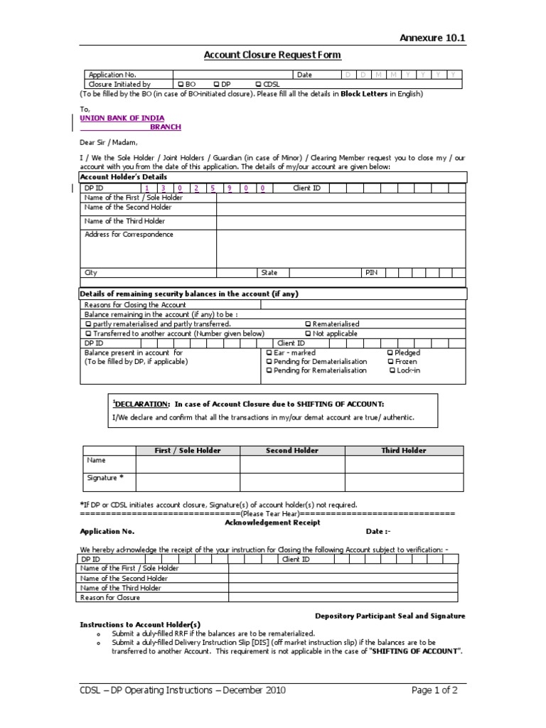 Union Bank of India - BRANCH: Annexure 10.1 Account Closure Request ...