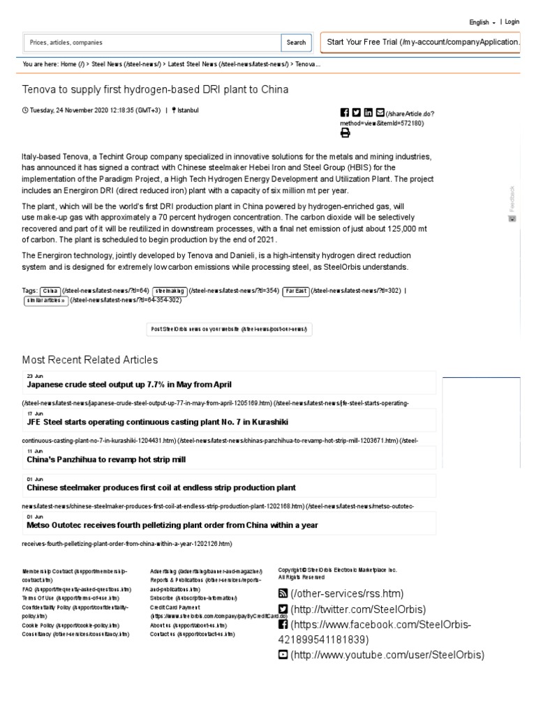 Tenova To Supply First Hydrogen-Based DRI Plant To China | PDF ...