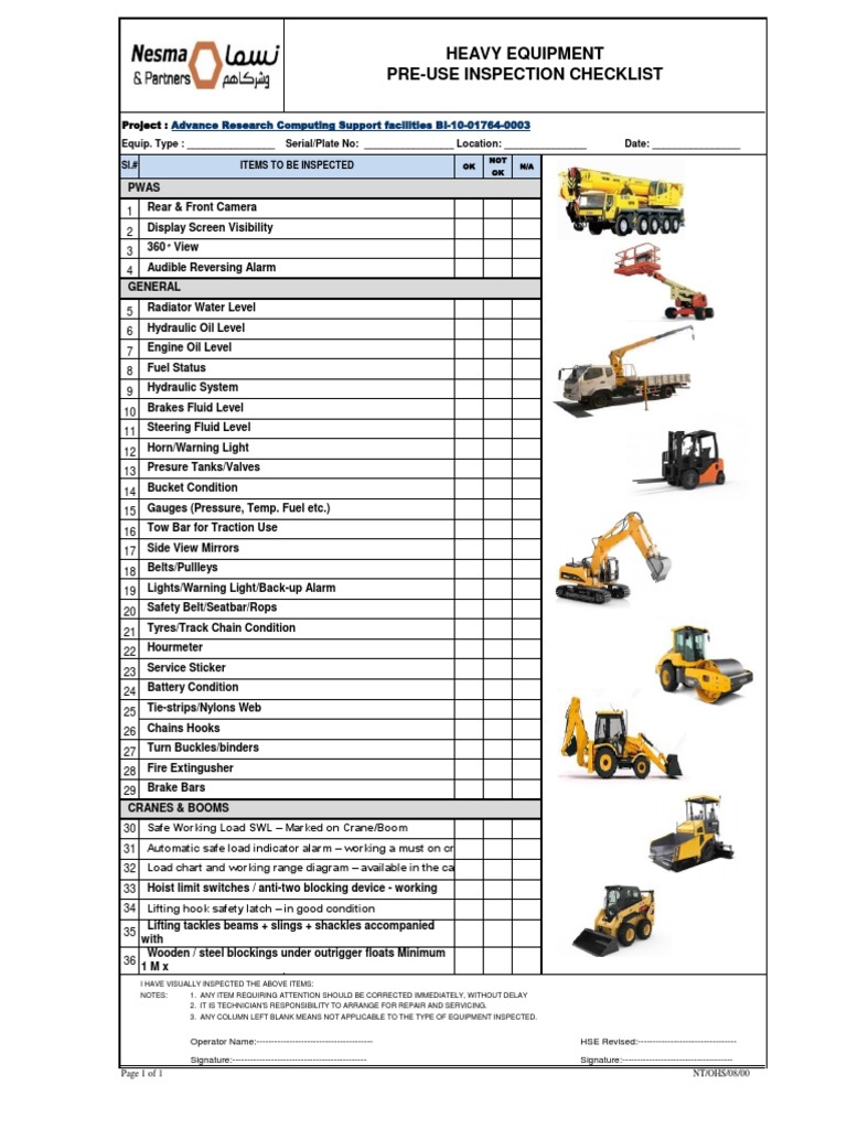 Heavy Equipment Pre-Use Inspection Checklist: 1 2 3 4 ° View | PDF ...