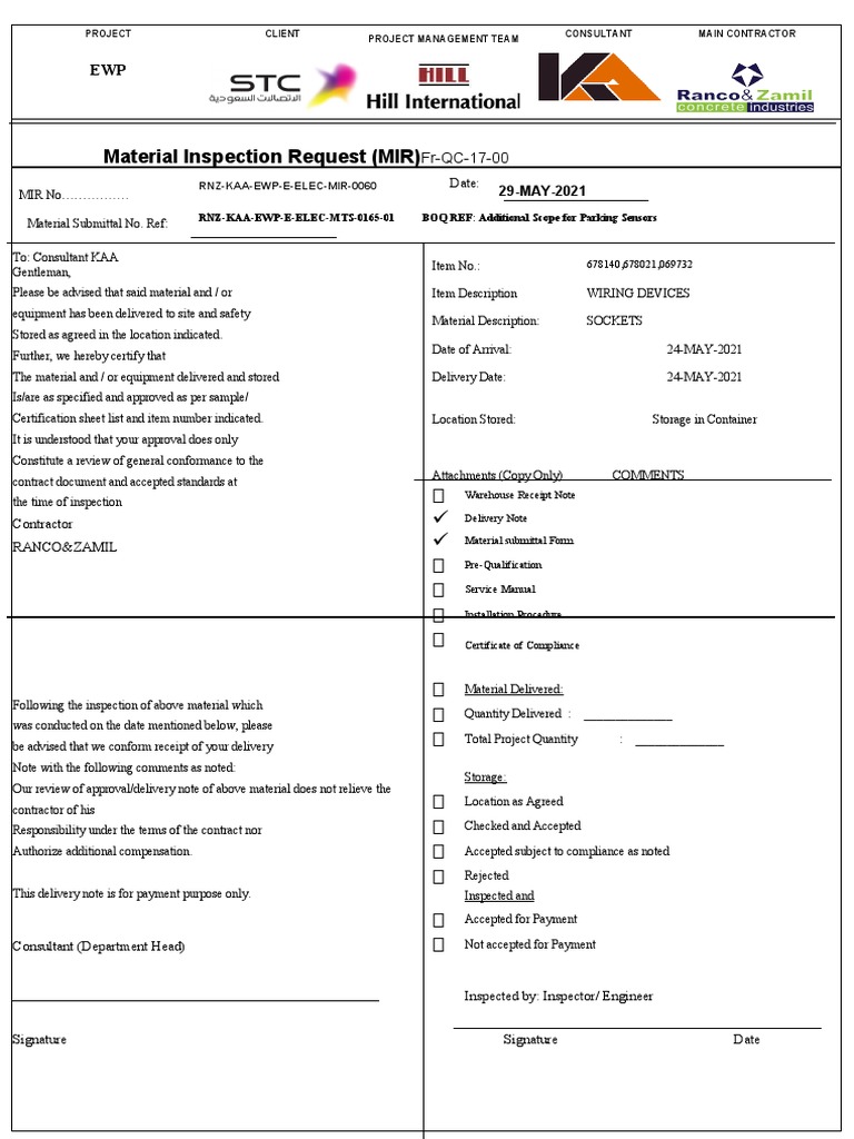 Material Inspection Request (MIR) : Fr-QC-17-00 | PDF | Business