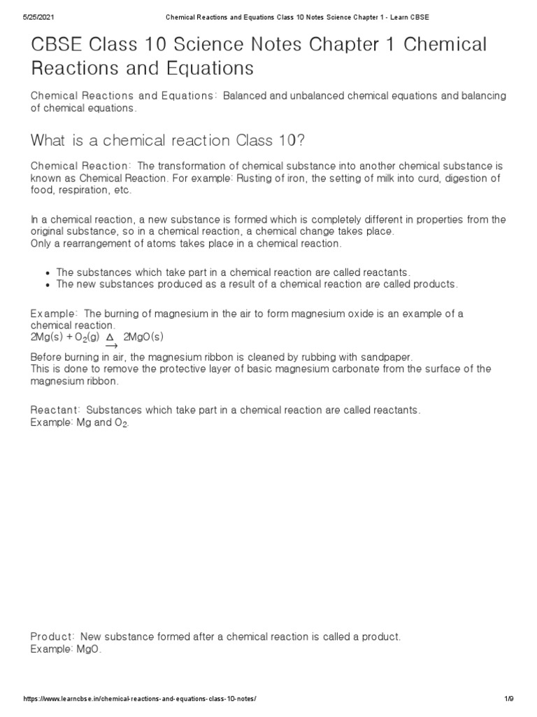 Chemical Reactions and Equations Class 10 Notes Science Chapter 1 ...
