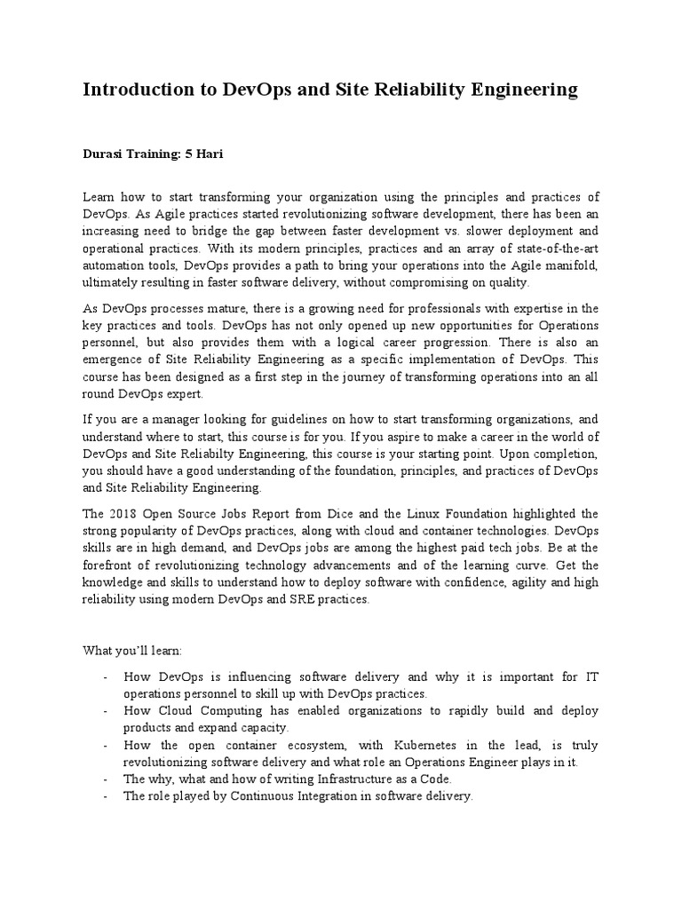 Silabus Introduction To DevOps and Site Reliability Engineering | PDF | Reliability Engineering ...