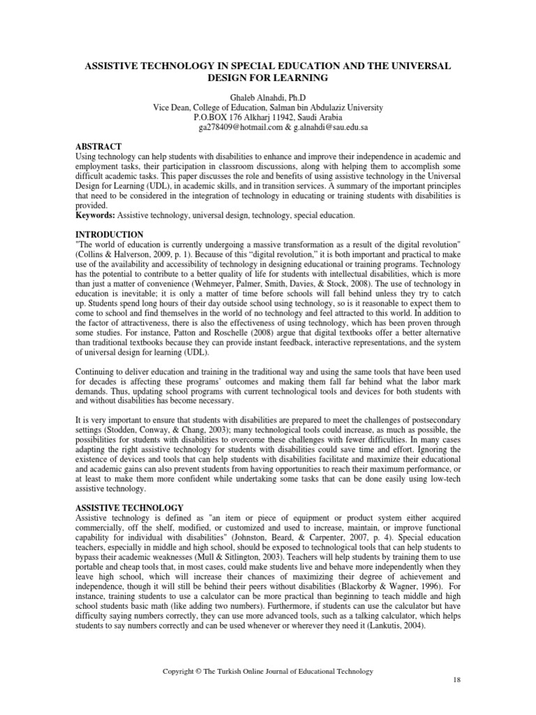Assistive Technology in Special Education and The Design For Learning ...