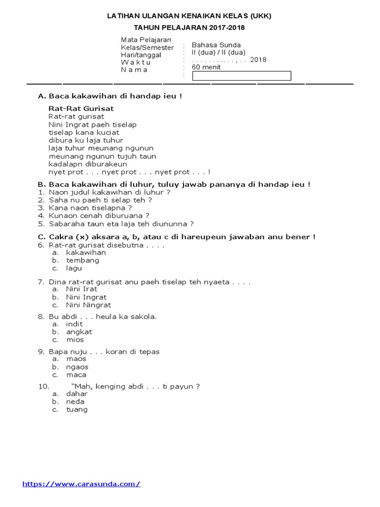 Soal Ukk Bahasa Sunda Kelas 2b | PDF