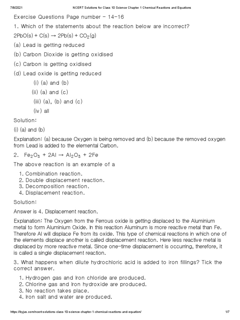 NCERT Solutions For Class 10 Science Chapter 1 Chemical Reactions and ...