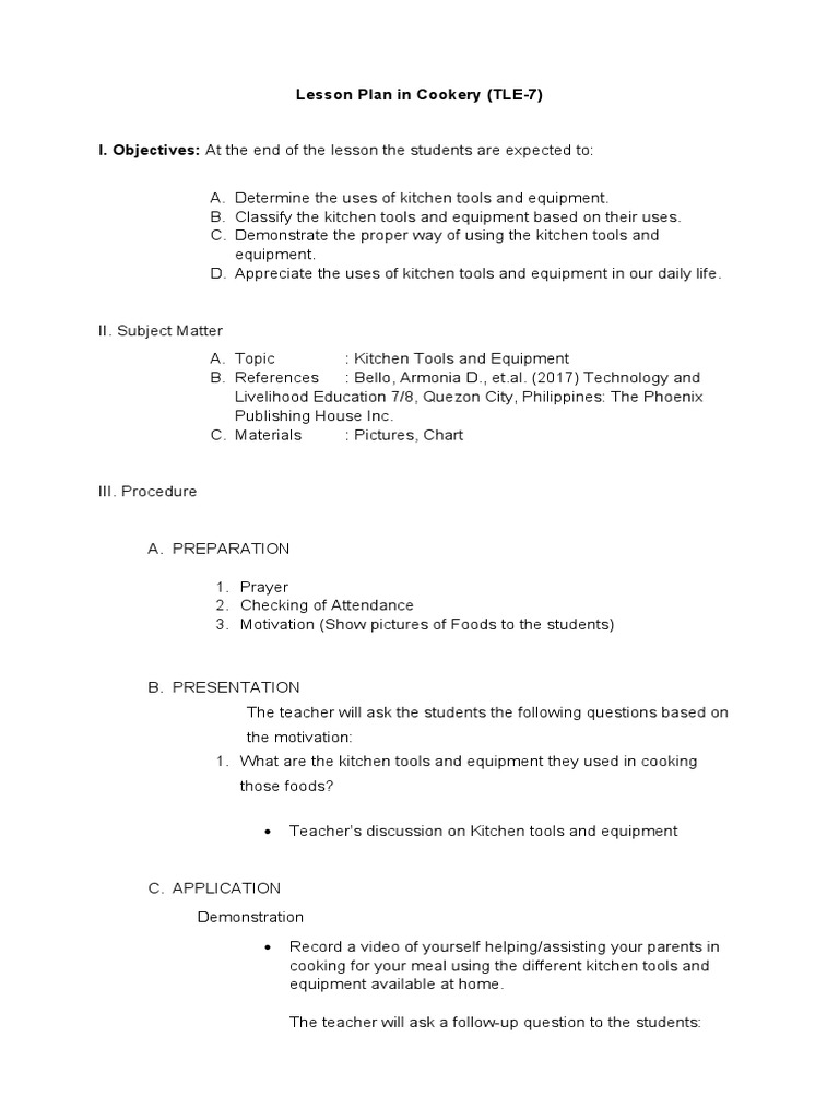 Lesson Plan in Cookery (TLE-7) | PDF | Kitchen | Teachers