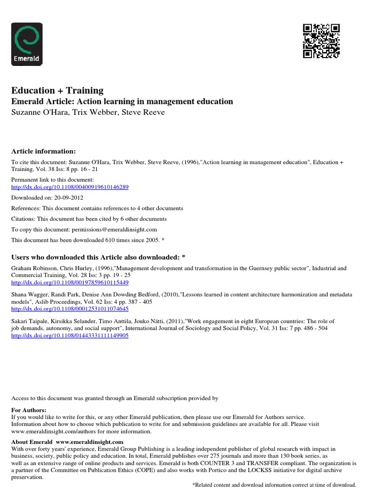 Education + Training: Emerald Article: Action Learning in Management ...