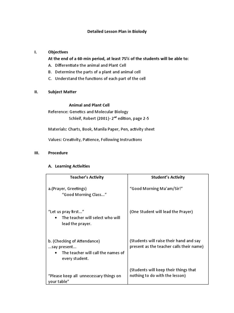 A Detailed Lesson Plan in Science | PDF | Lesson Plan | Cell (Biology)