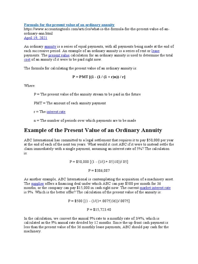 Formula For The Present Value of An Ordinary Annuity | PDF