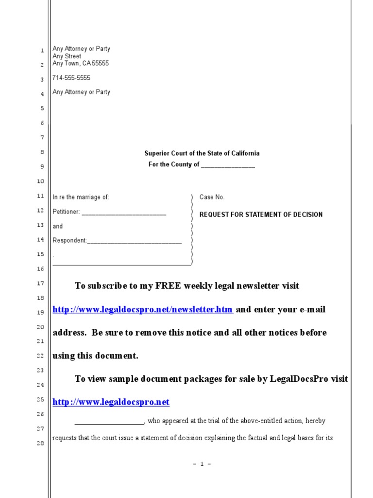 Sample Request For Statement of Decision For California | PDF ...