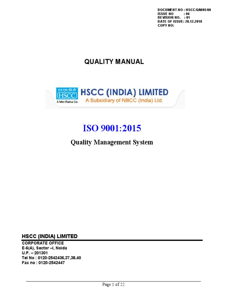 Quality Manual: HSCC (India) Limited | PDF | Quality Management | Iso 9000