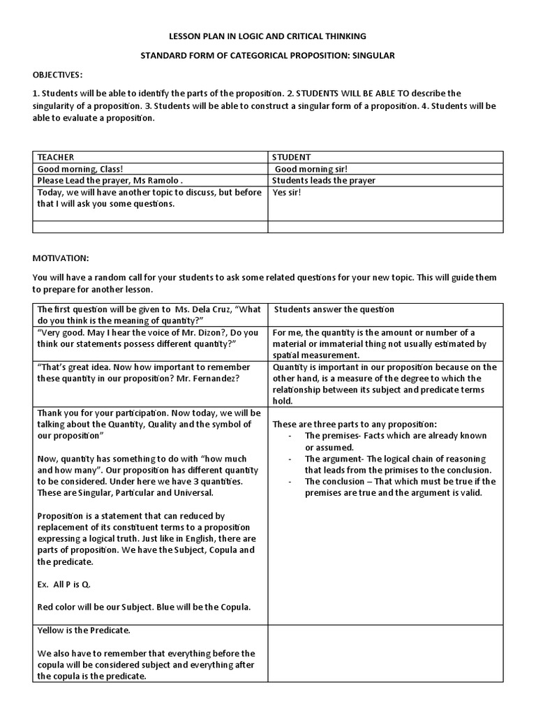 Singular Categorical Propositions Lesson | PDF | Proposition | Argument