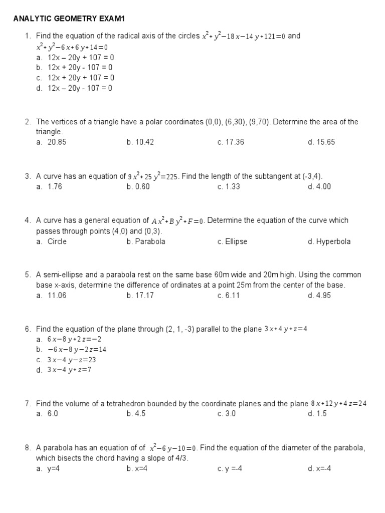 Analytic Geometry Exam Questions & Answers | PDF | Science ...