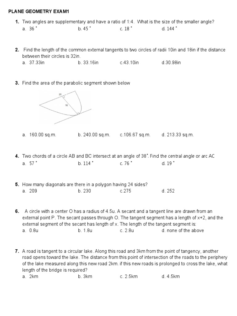 Plane Geom Exam1 | PDF | Circle | Tangent