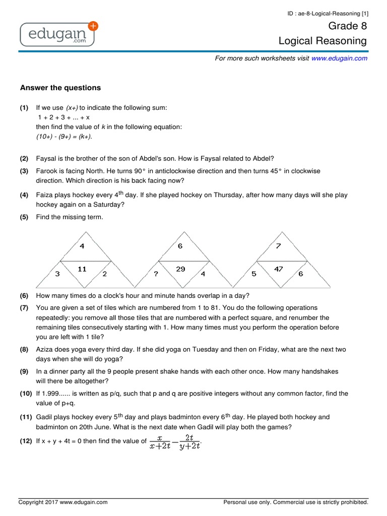 Grade 8 Logical Reasoning: Answer The Questions | PDF | Elementary ...