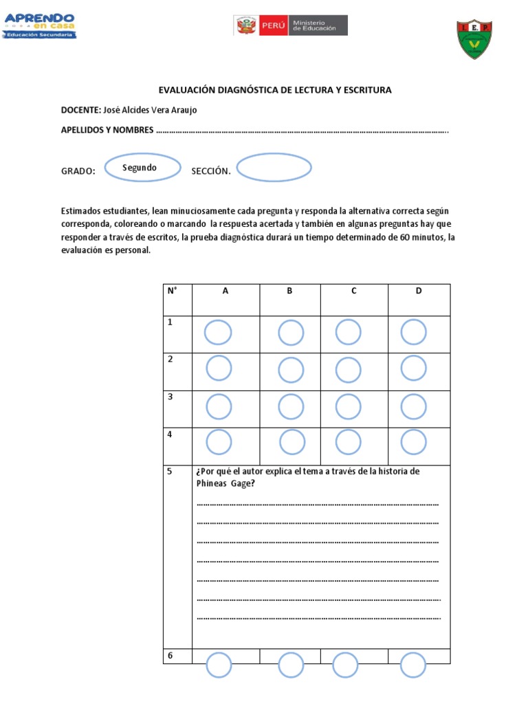 Evaluación Diagnóstica de Lectura y Escritura. | PDF