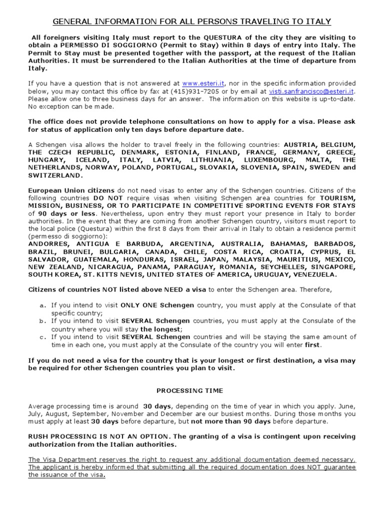 General Information For All Persons Traveling To Italy: WWW - Esteri.it ...