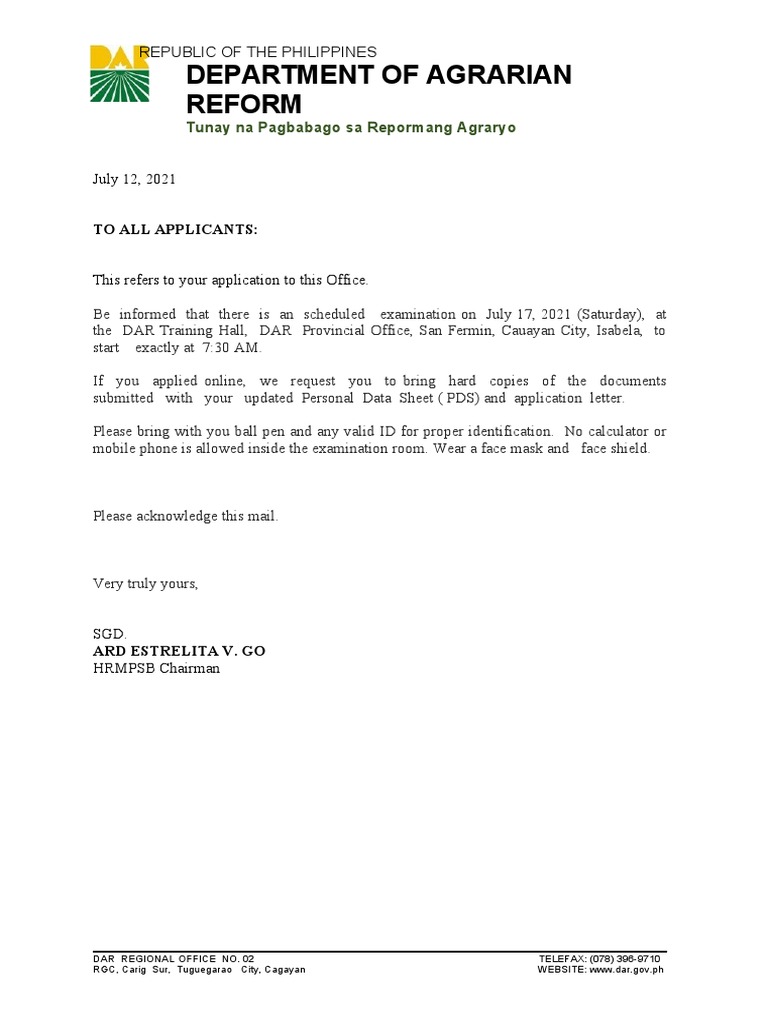 DAR Examination Notice | PDF