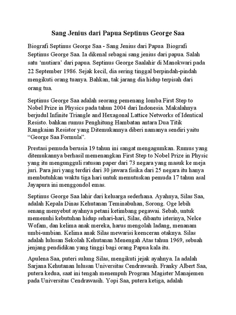 Biografi Septinus George Saa, Jenius Papua | PDF