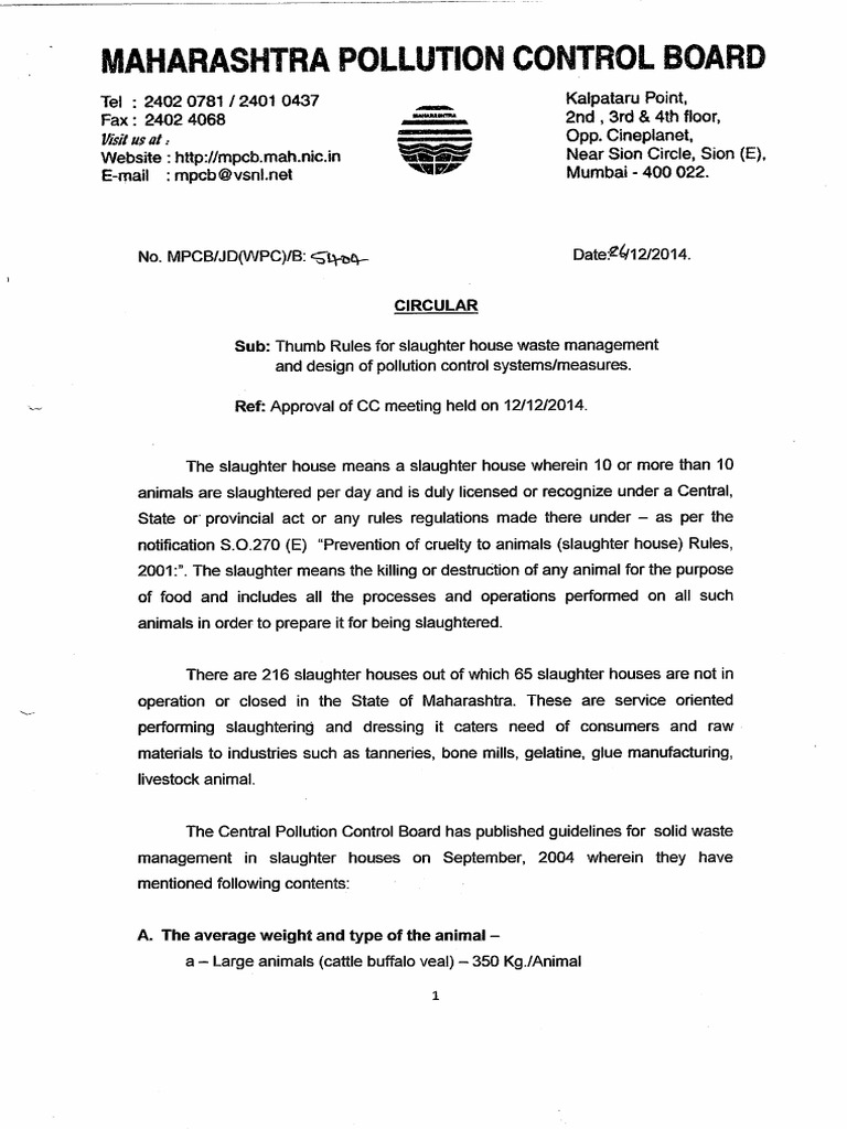 MPCB Circular - Thumb - Rules For SLH | PDF | Incineration | Animal Slaughter